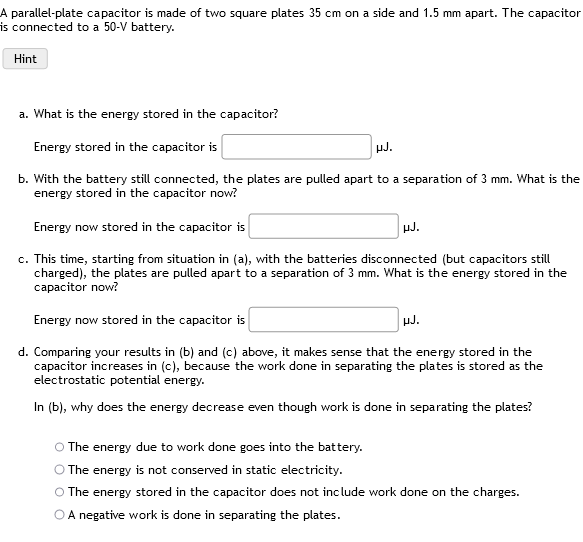 Solved parallel-plate capacitor is made of two square plates | Chegg.com