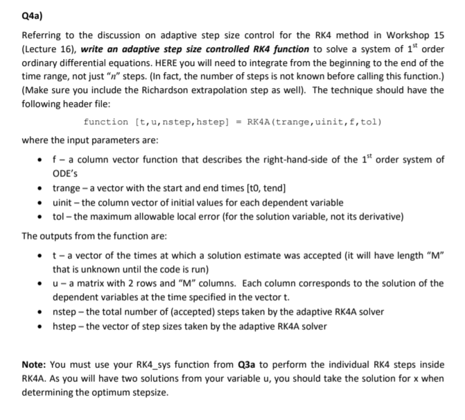 Q3c) Modify your RK4 function from Q2a so that it | Chegg.com