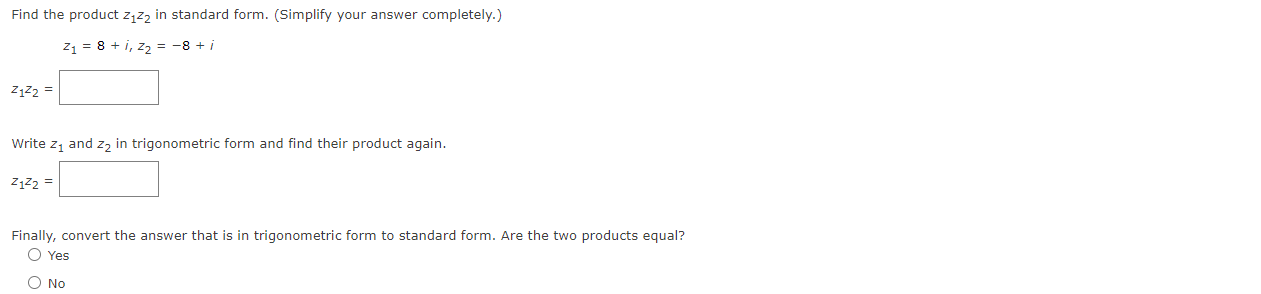 Find the product z1z2 in standard form. (Simplify | Chegg.com