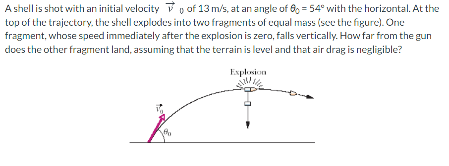 Solved A shell is shot with an initial velocity ñ o of 13 | Chegg.com