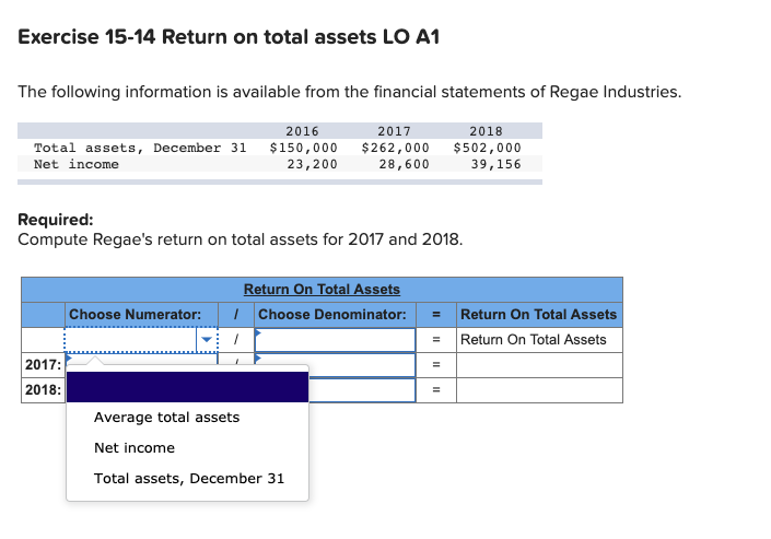 Solved Exercise 15-14 Return on total assets LO A1 The | Chegg.com