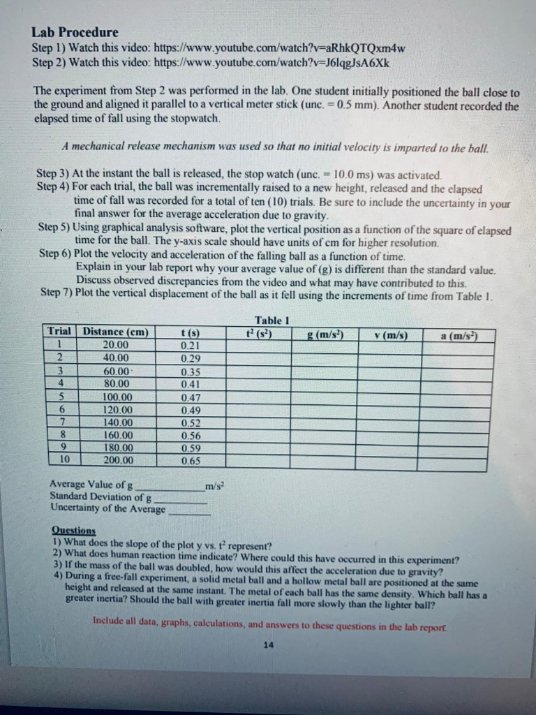 Laboratory 2 Free-Fall PY-101 College Physics I | Chegg.com