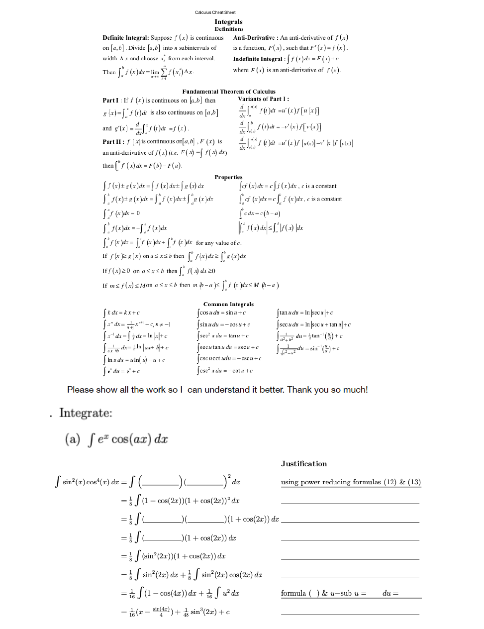 Solved ,ره drf()dt =u'(x)f[u(x)] Calculus Cheat Sheet | Chegg.com