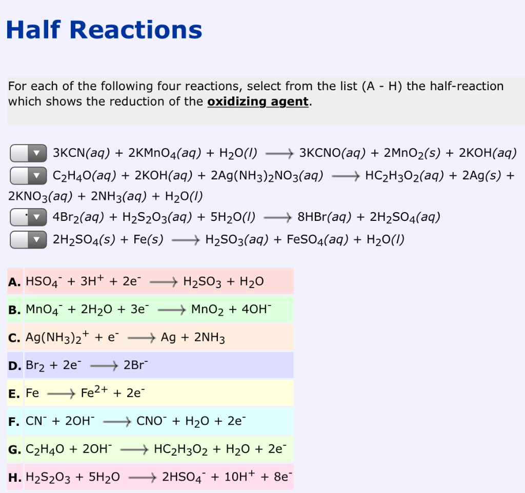 Solved Half Reactions For each of the following four | Chegg.com