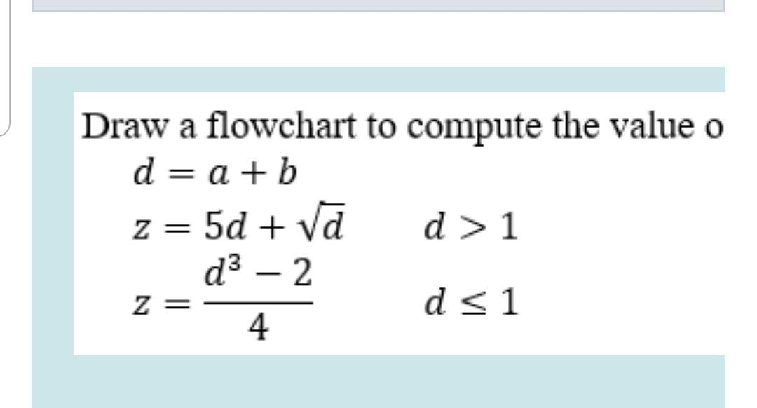 Solved Draw a flowchart to compute the value o d = a + b z = | Chegg.com
