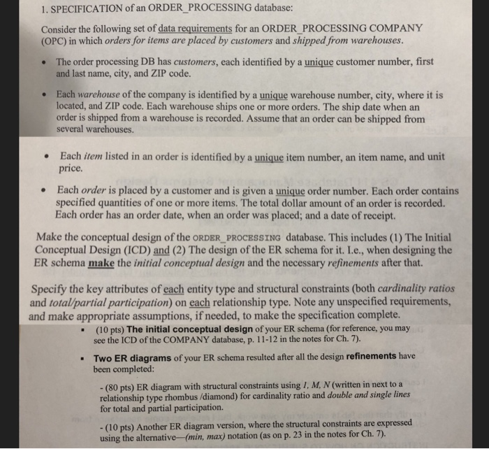 Solved 1. SPECIFICATION of an ORDER PROCESSING database: | Chegg.com