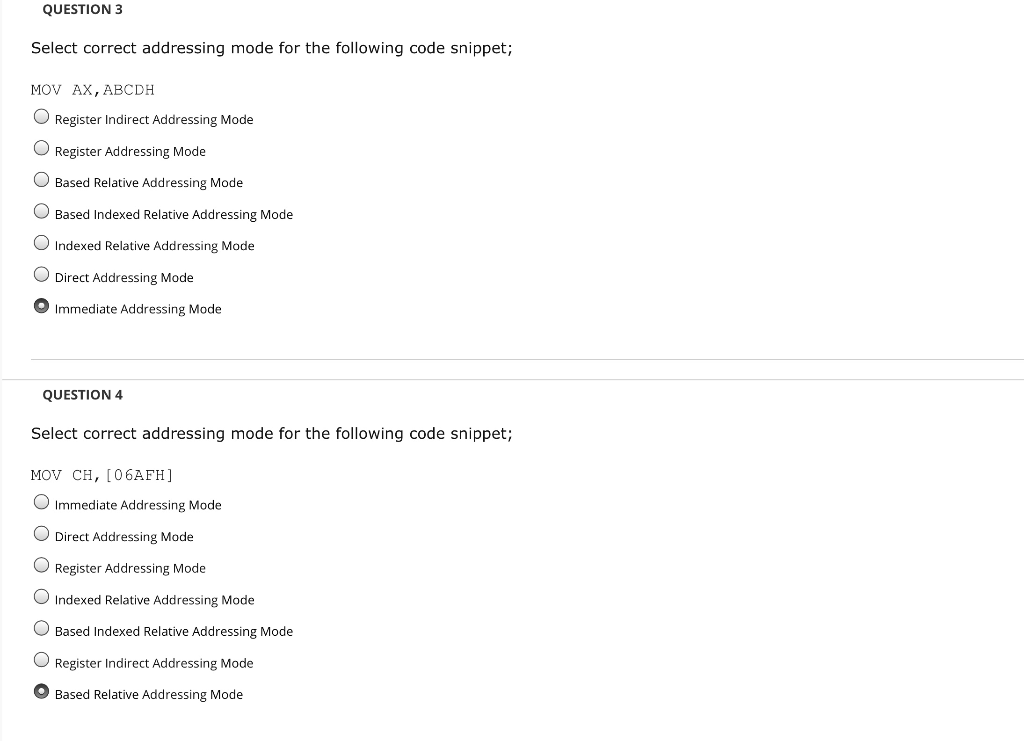 Solved QUESTION 3 Select correct addressing mode for the | Chegg.com