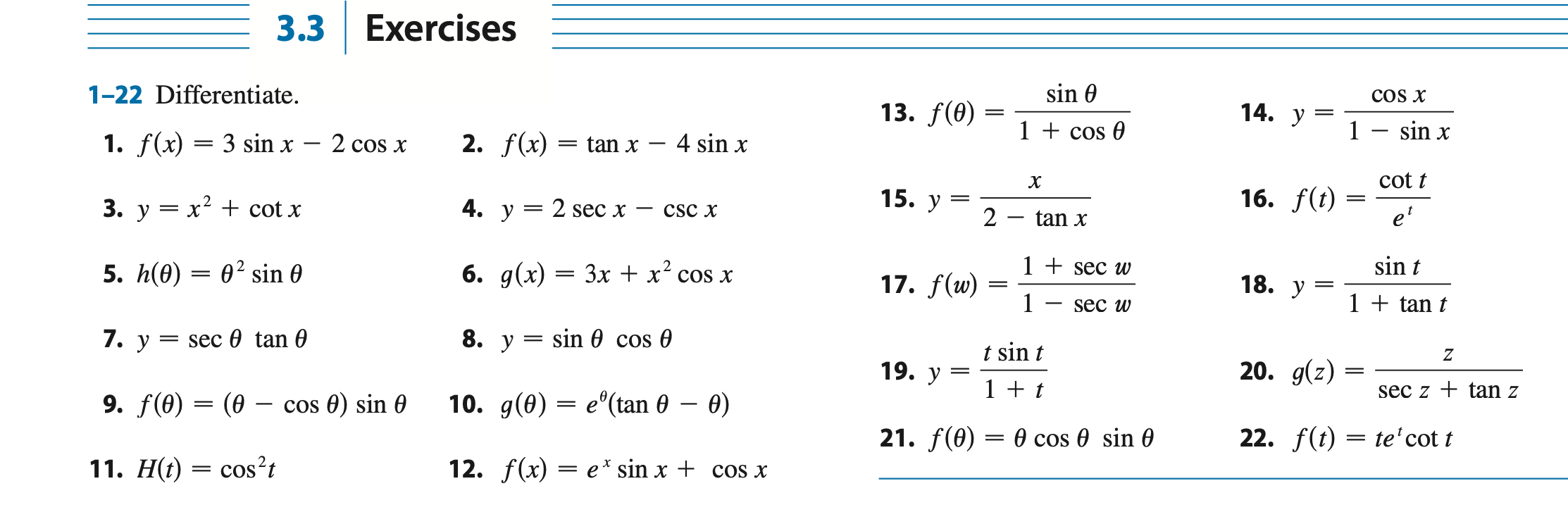 Solved 1-22 Differentiate. 1. f(x)=3sinx−2cosx 2. | Chegg.com