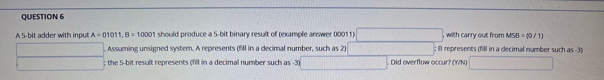 Solved A 5-bit adder with input A=01011,B=10001 should | Chegg.com