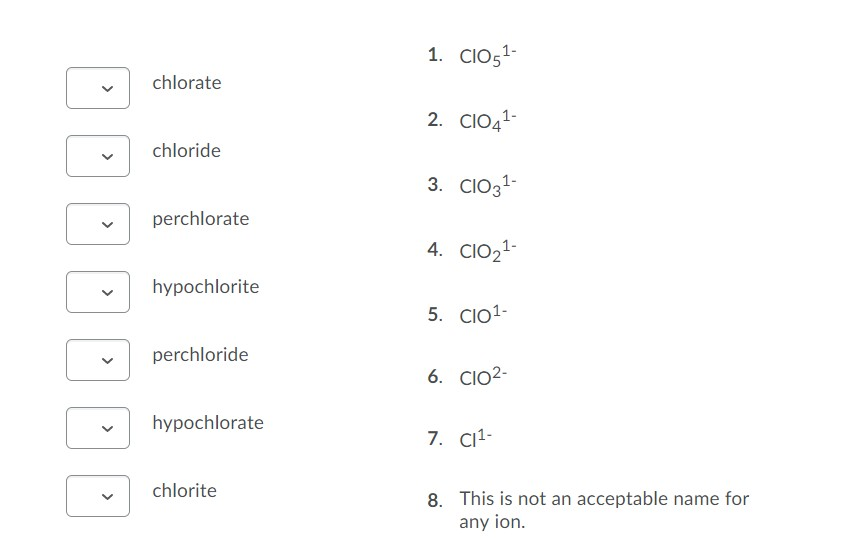 1. CIO 1- chlorate 2. C1042 chloride 3. C1031- | Chegg.com