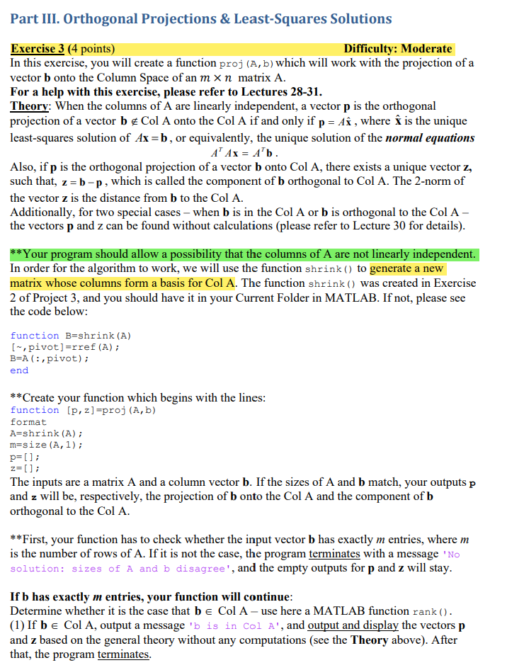 Solved Part III. Orthogonal Projections & Least-Squares | Chegg.com