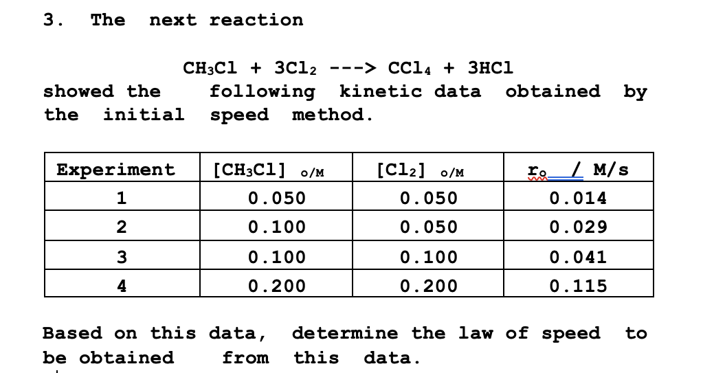 Solved 3. The next reaction CH3Cl + 3C12 ---> CCl4 + 3HCl | Chegg.com