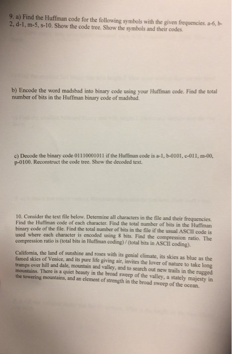 Solved 9 A Find The Huffiman Code For The Following