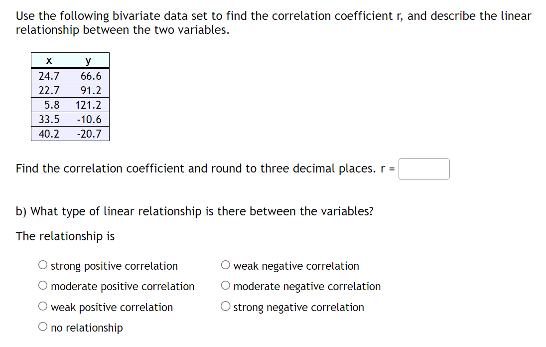 Solved Use the following bivariate data set to find the | Chegg.com