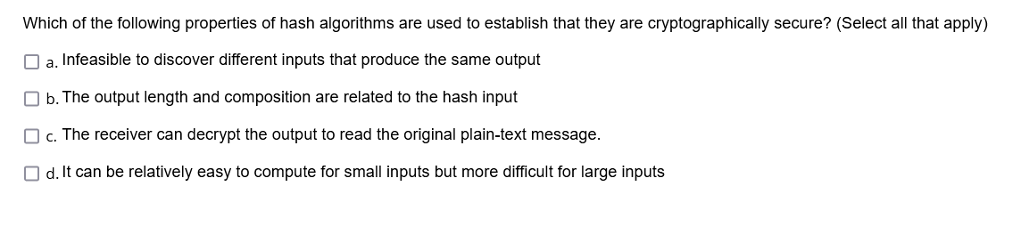 Solved Which of the following properties of hash algorithms | Chegg.com
