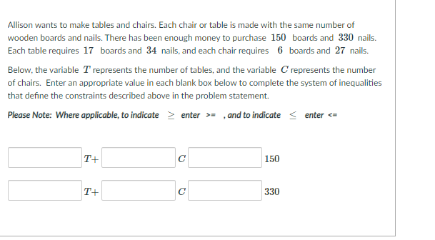 Solved Allison wants to make tables and chairs. Each chair | Chegg.com