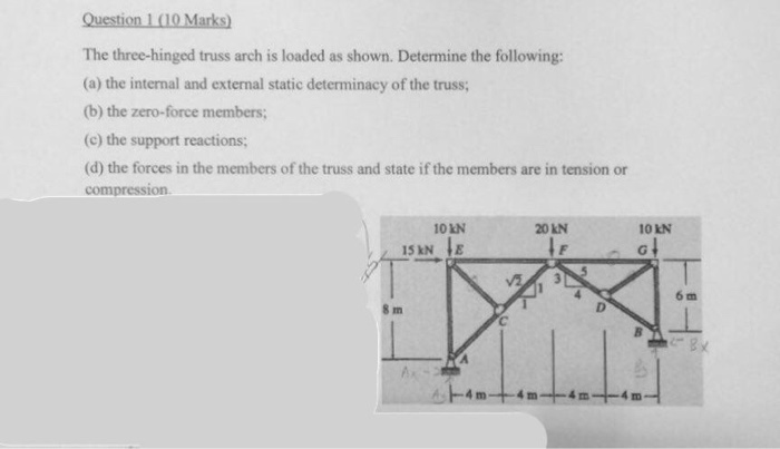Solved Question 1 10 Marks) The three-hinged truss arch is | Chegg.com