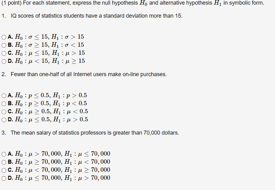 Solved (1 point) For each statement, express the null | Chegg.com