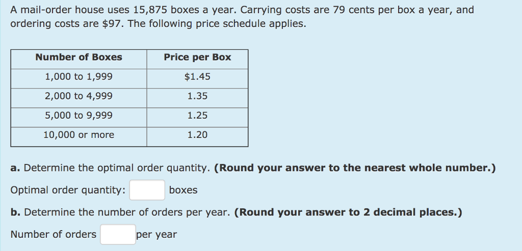 Solved A mail-order house uses 15,875 boxes a year. Carrying | Chegg.com