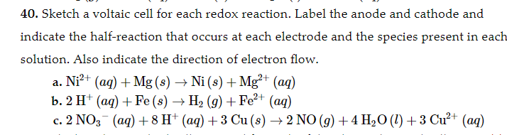 [Solved]: 40. Sketch a voltaic cell for each redox reactio