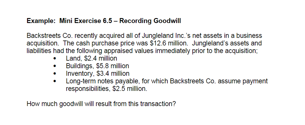 Solved Example: Mini Exercise 6.5 – Recording Goodwill | Chegg.com