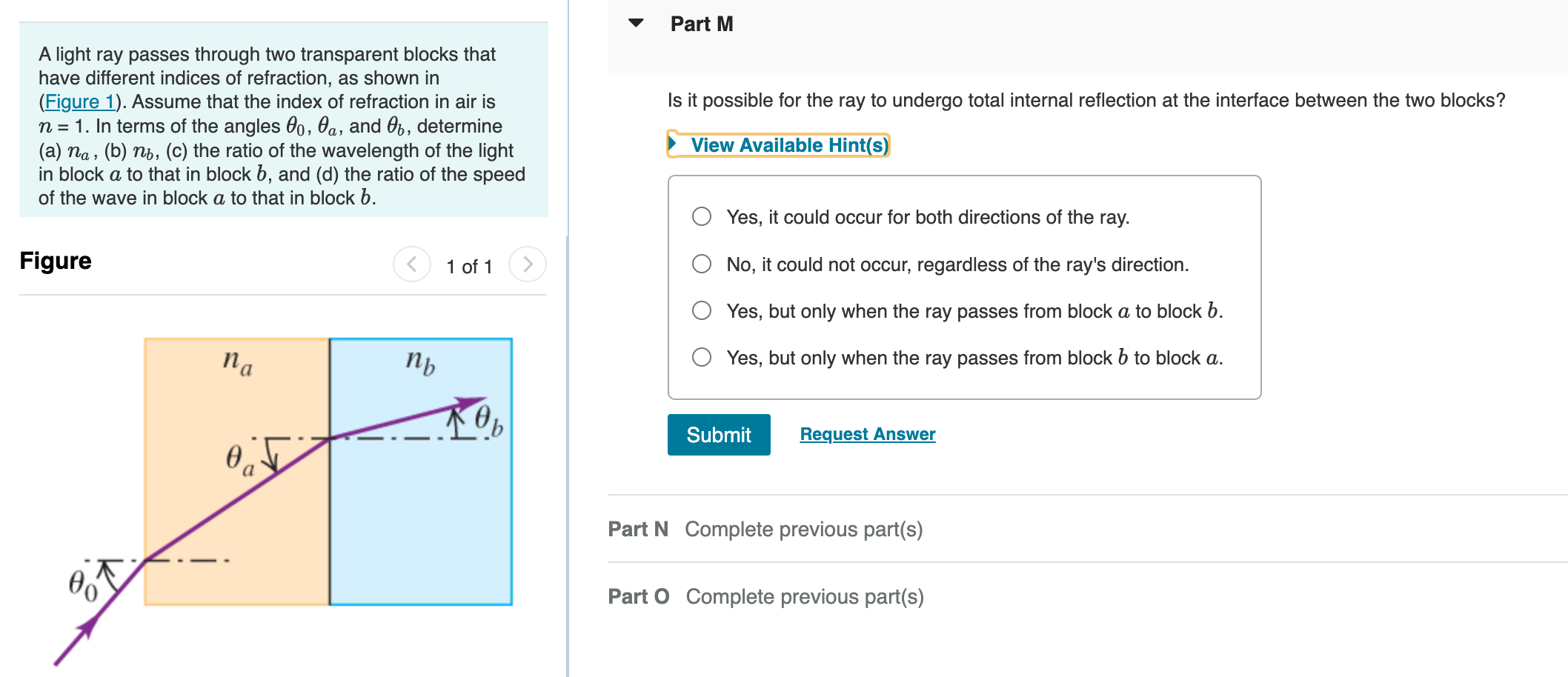 Solved Is it possible for the ray to undergo total internal | Chegg.com