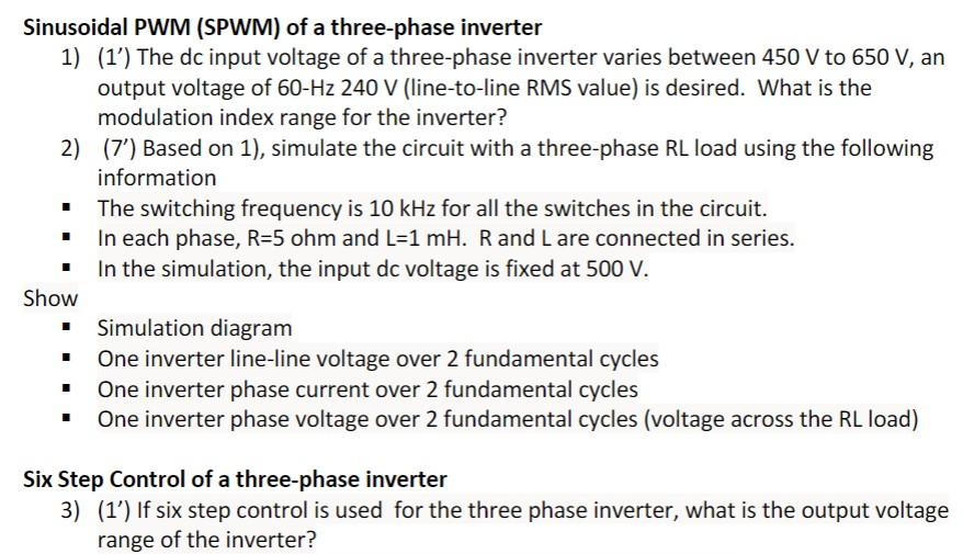 Sinusoidal PWM (SPWM) of a three-phase inverter 1) | Chegg.com