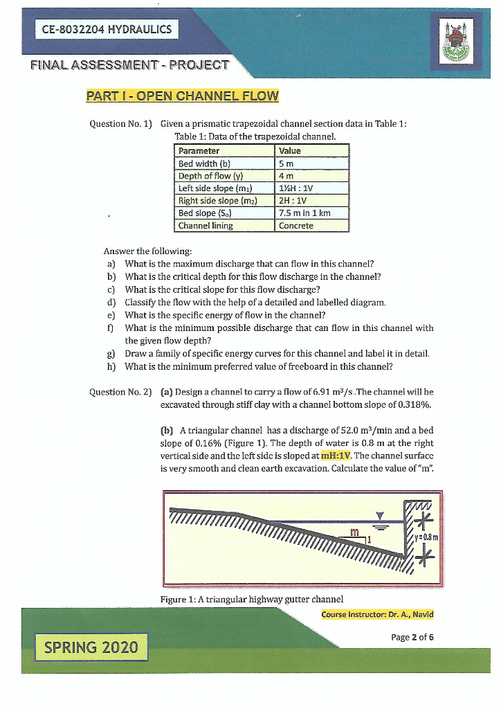 CE-8032204 HYDRAULICS FINAL ASSESSMENT - PROJECT | Chegg.com