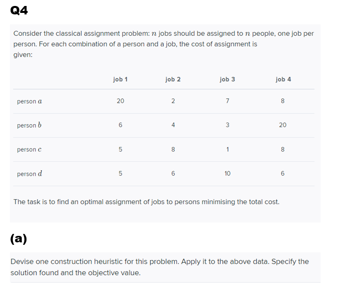 Solved Q4 Consider the classical assignment problem: n jobs | Chegg.com