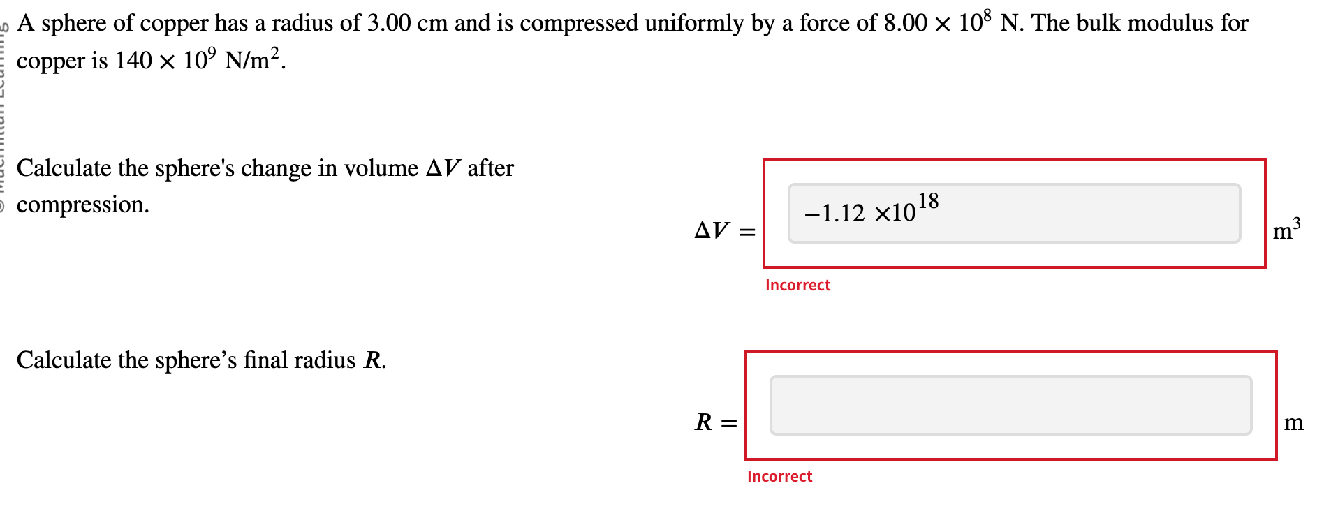 Solved A sphere of copper has a radius of 3.00 cm and is | Chegg.com