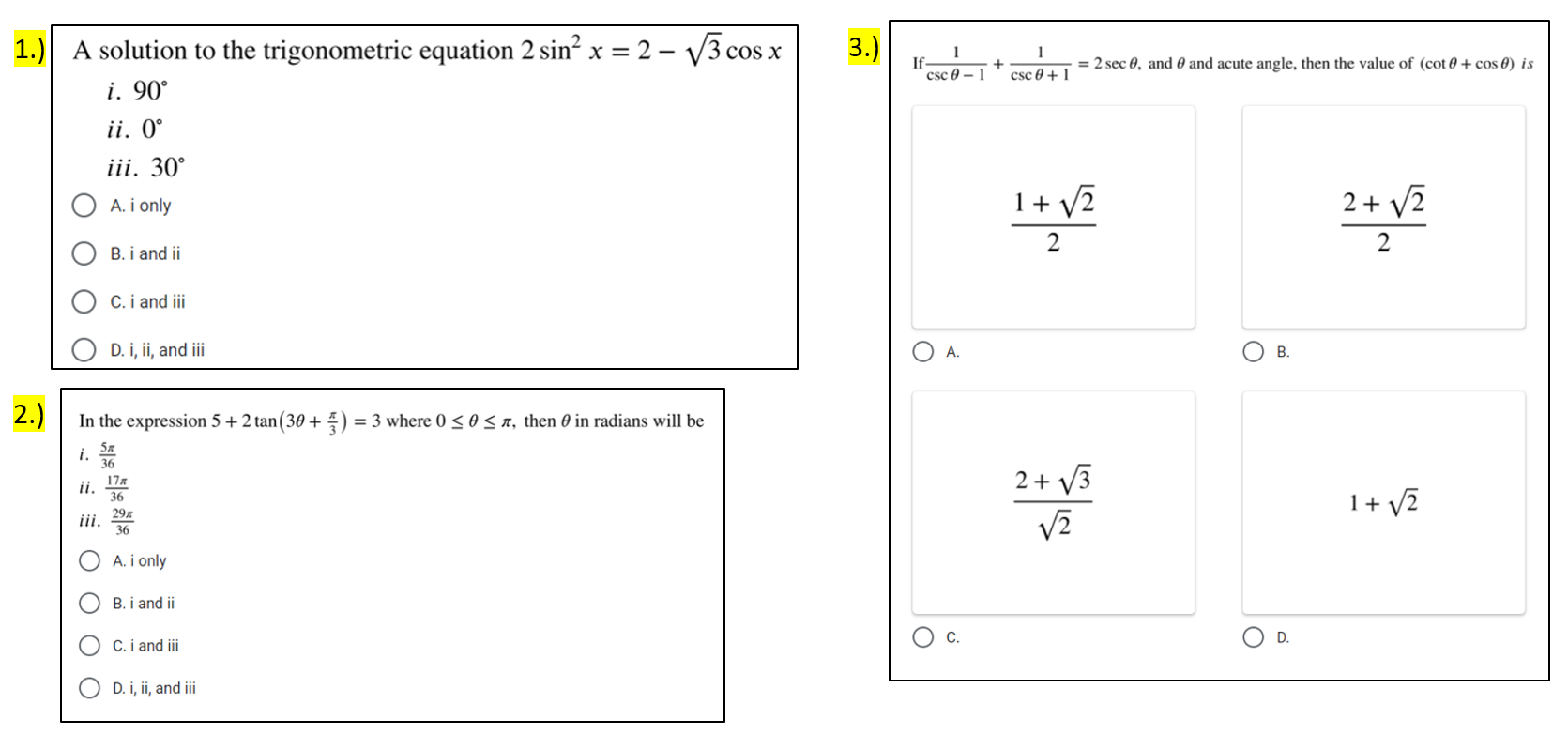 Solved 1.) 3.) 1 If csce-1 + csc + 1 = 2 sec 0, and 0 and | Chegg.com