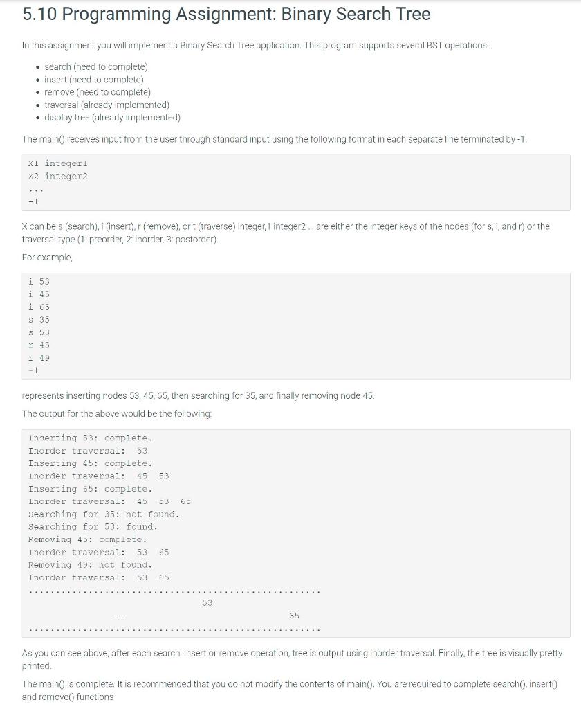 Solved 5.10 Programming Assignment: Binary Search Tree In | Chegg.com