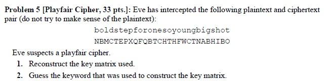 Solved Problem 5 [Playfair Cipher, 33 pts.): Eve has | Chegg.com