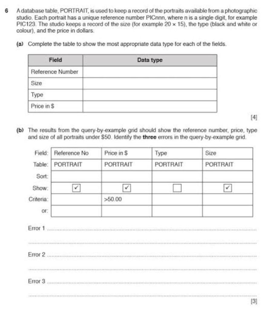 Solved 6 A database table, PORTRAIT, is used to keep a | Chegg.com