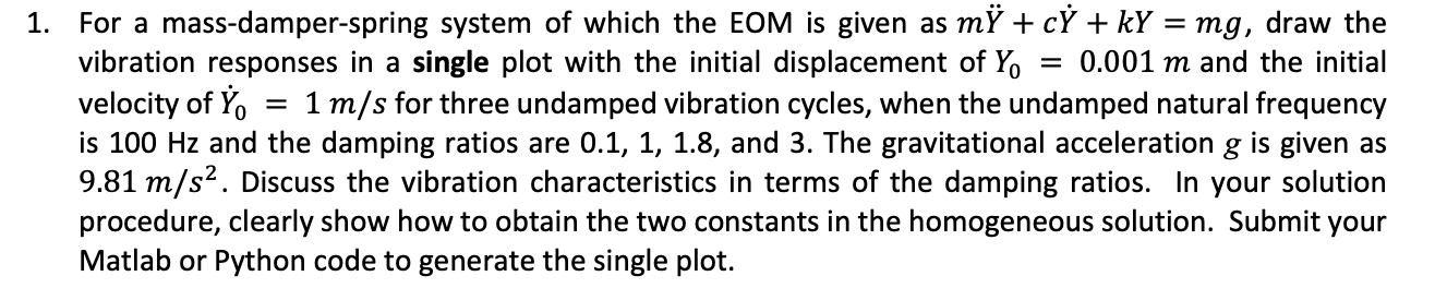 Solved 1. For a mass-damper-spring system of which the EOM | Chegg.com
