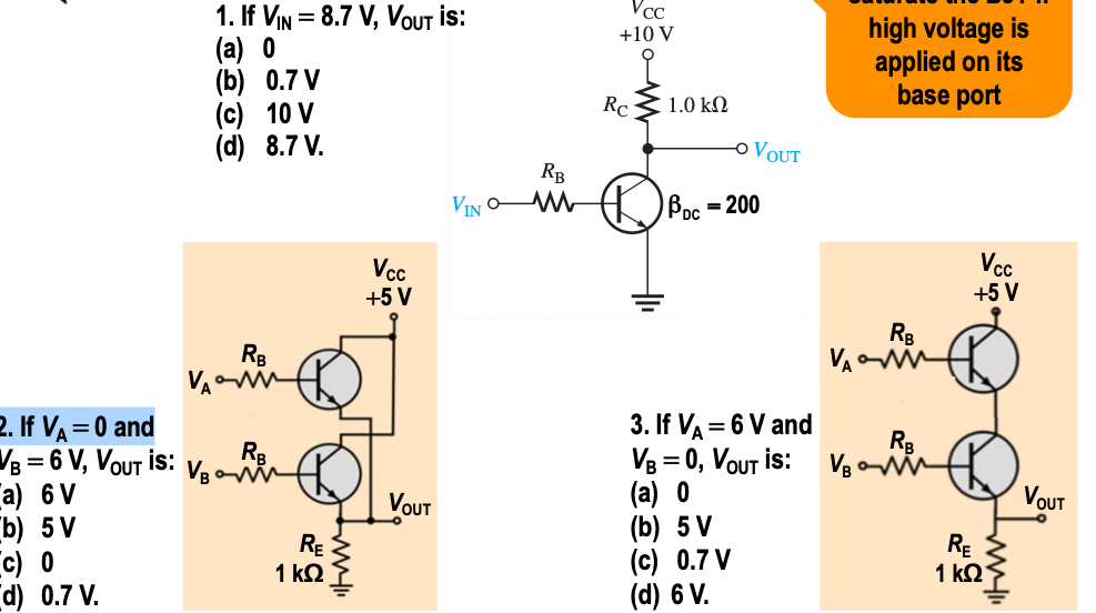 Solved 1. If VIN =8.7 V,VOUT i (a) 0 (b) 0.7 V (c) 10 V high | Chegg.com