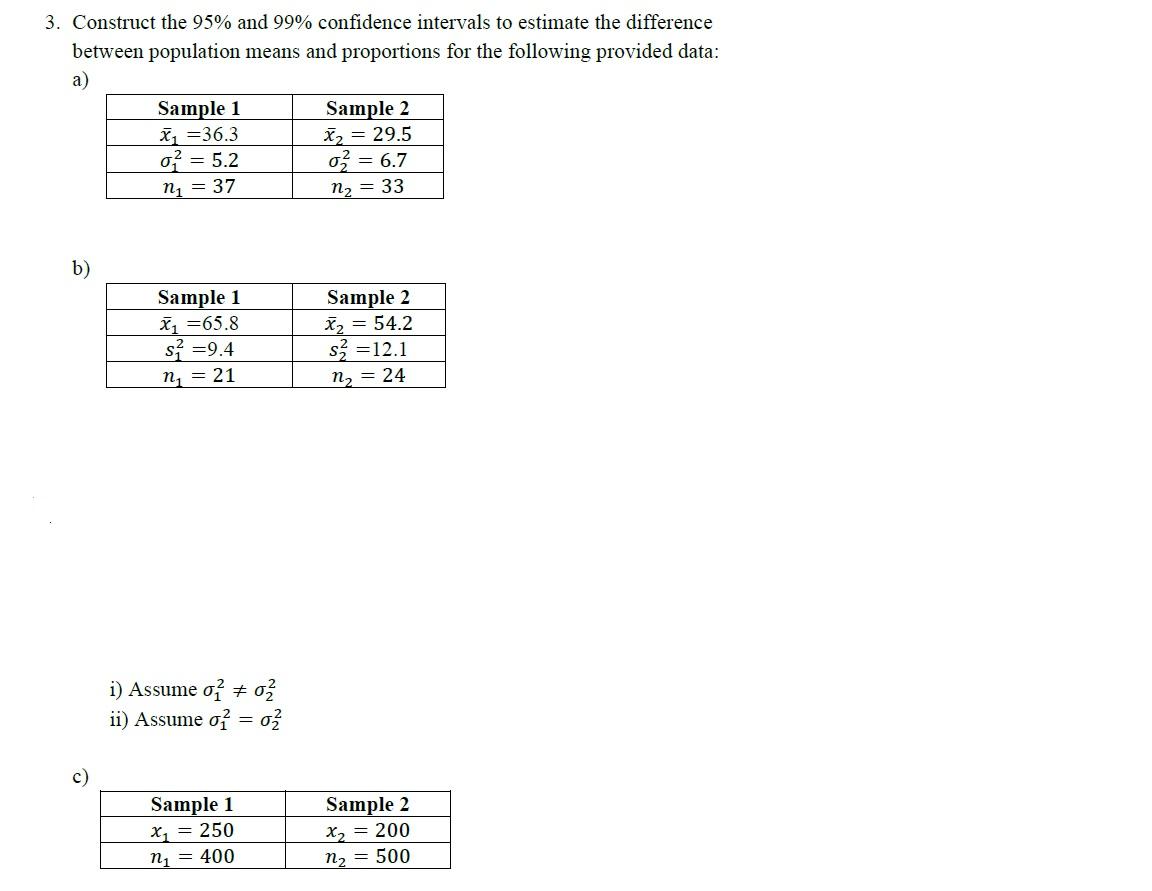 Solved 3. Construct the 95% and 99% confidence intervals to | Chegg.com