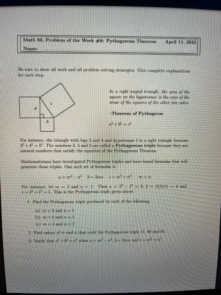 Solved Math 60, Problem of the Week #8: Pythagorean Theorem | Chegg.com