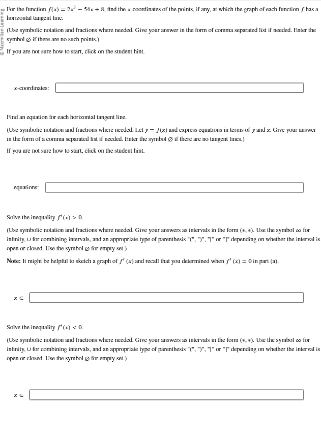 Solved For the function f(x)=2x3-54x+8, ﻿find the | Chegg.com