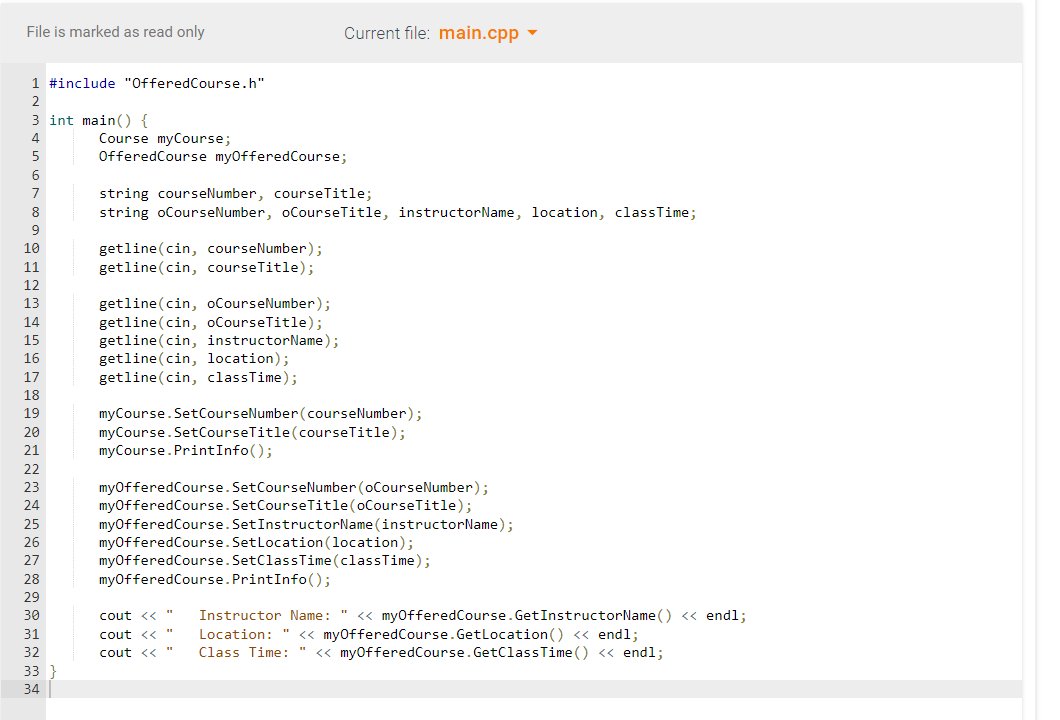 Solved Given main0, define a Course base class with | Chegg.com