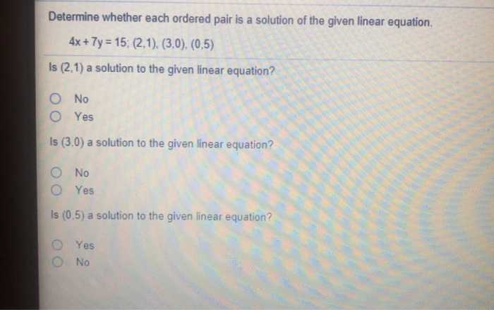 Solved Determine whether each ordered pair is a solution of | Chegg.com