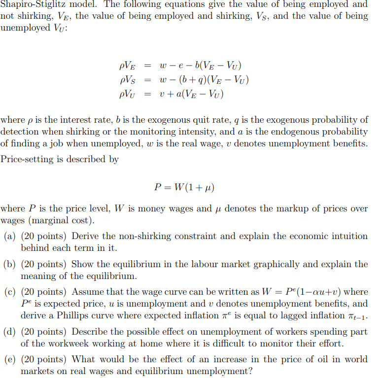 Solved Shapiro-Stiglitz model. The following equations give | Chegg.com