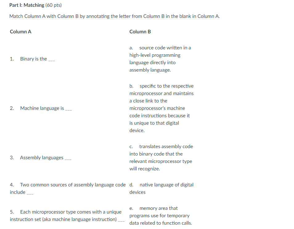 Solved Match Column A with Column B by annotating the letter | Chegg.com