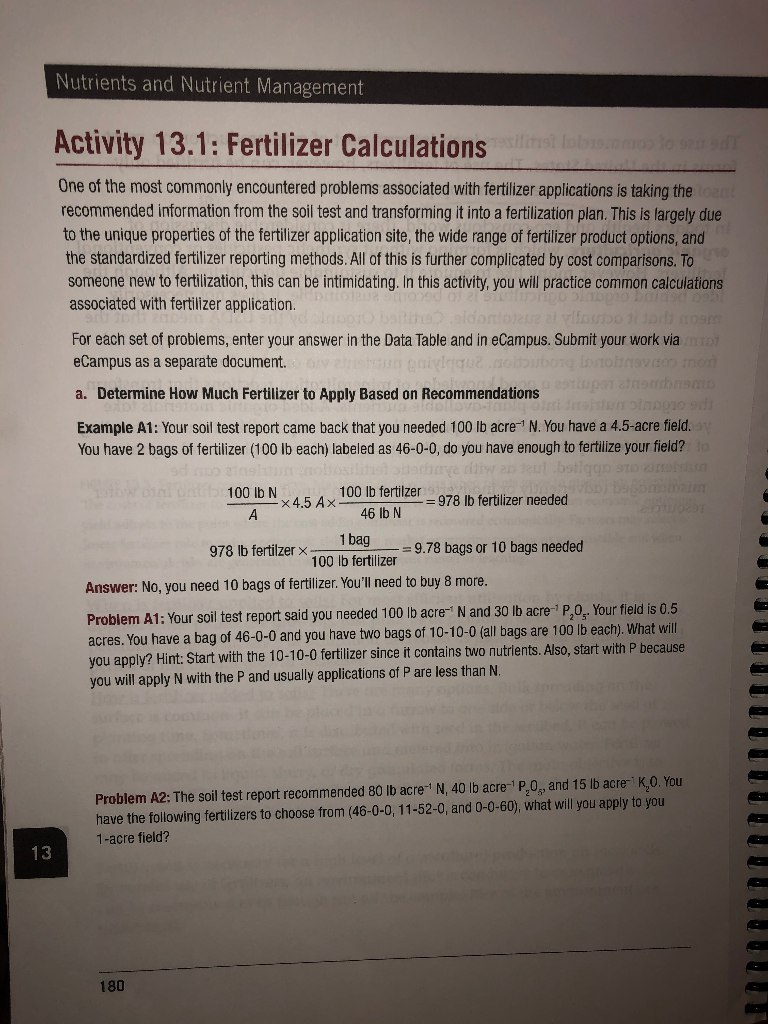 Solved Activity 13.1 a: Fertilizer to Apply Problem A1 lb of | Chegg.com