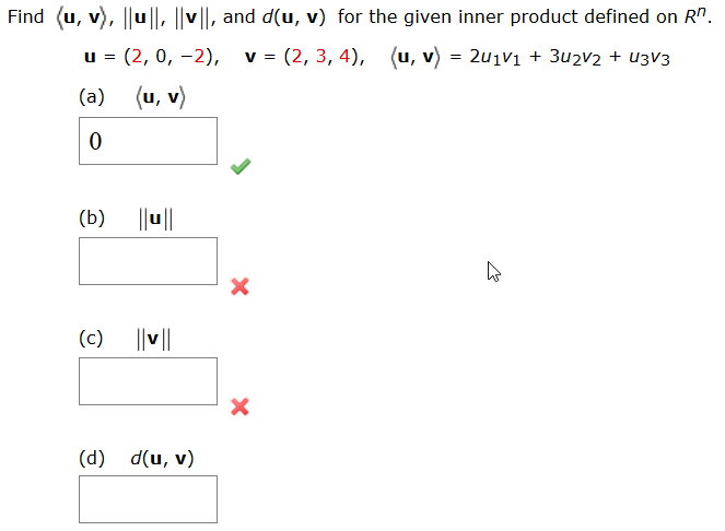 Solved Find (u, v), |||| || ||, and d(u, v) for the given | Chegg.com