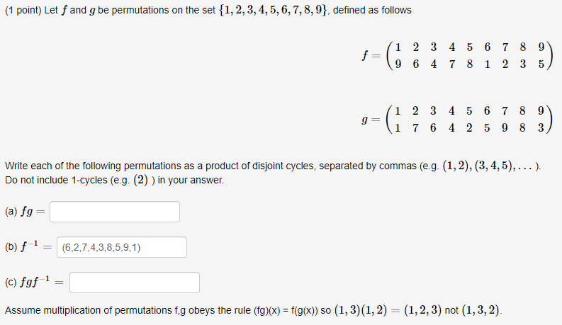 Solved (1 point) Let f and g be permutations on the set {1, | Chegg.com