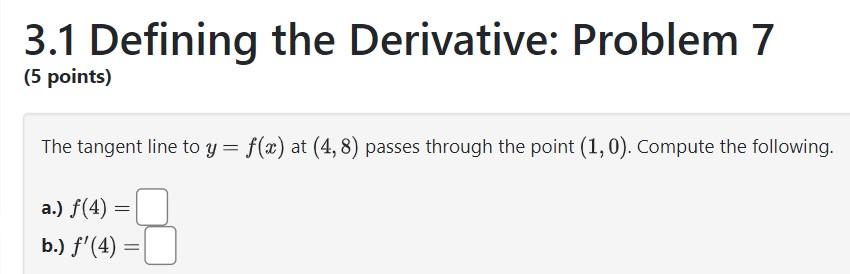 Solved 3.1 Defining the Derivative: Problem 7 (5 points) The | Chegg.com