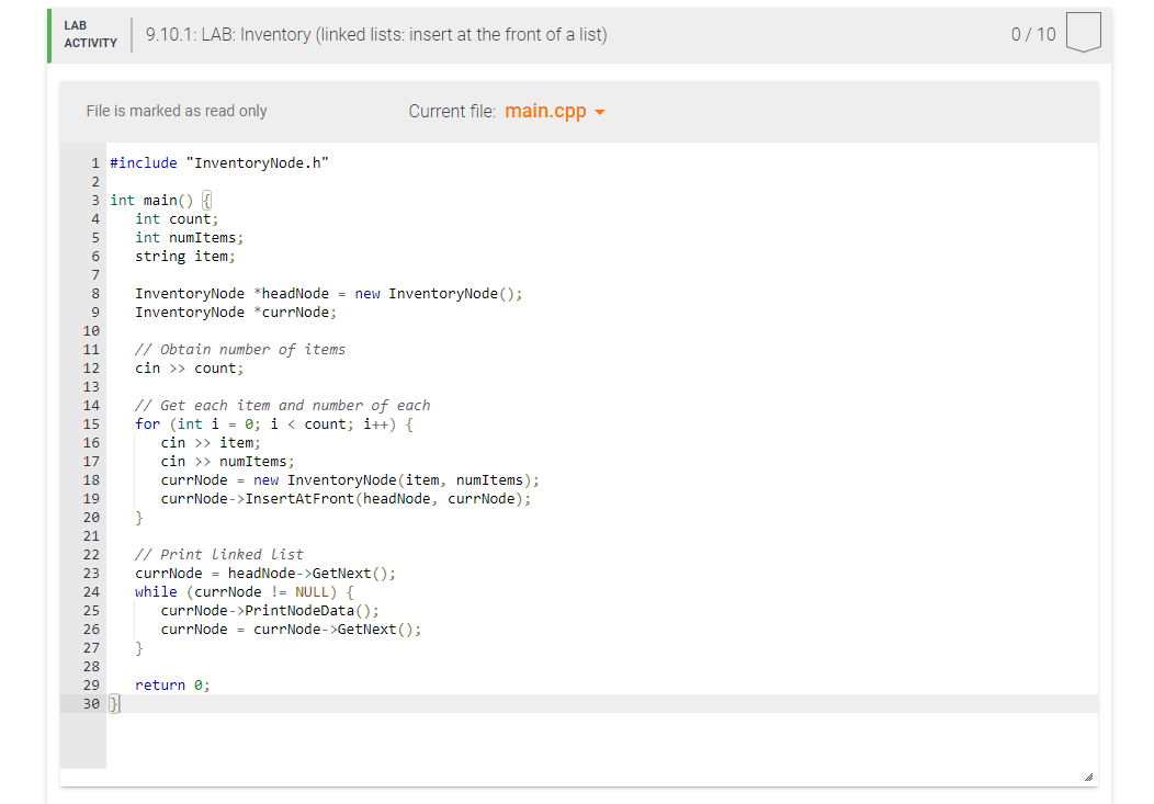 Solved *** C++*** Lab 9.10: Inventory (linked lists: insert | Chegg.com