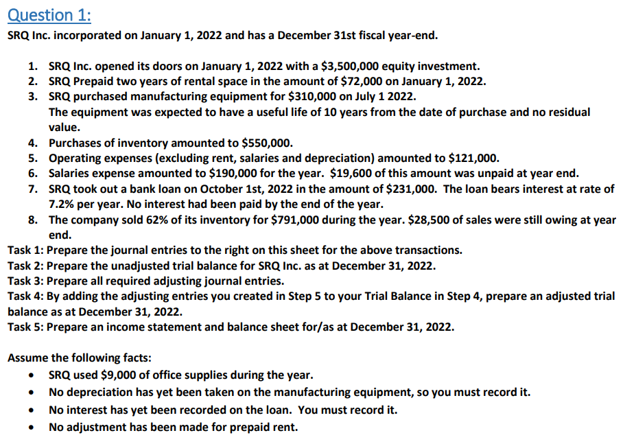 Solved Question 1: SRQ Inc. incorporated on January 1, 2022 | Chegg.com