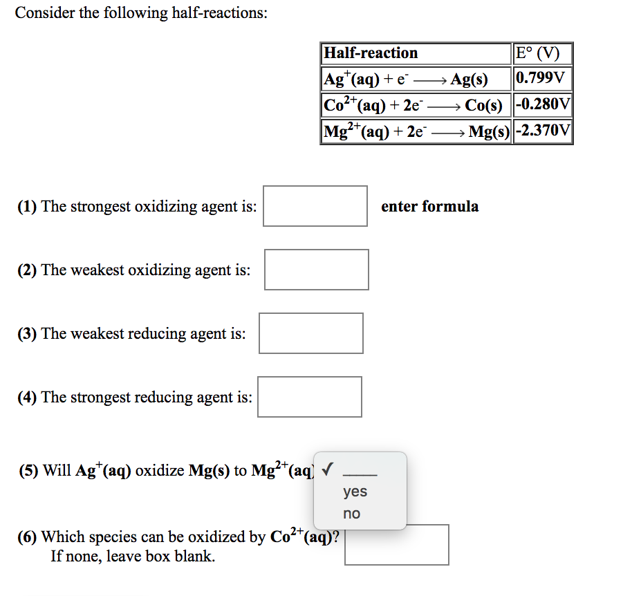 Solved Consider the following half-reactions: Half-reaction | Chegg.com